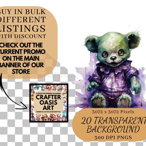 Watercolor Scary Teddy Bear Halloween Clipart, Halloween Bear Decor ...