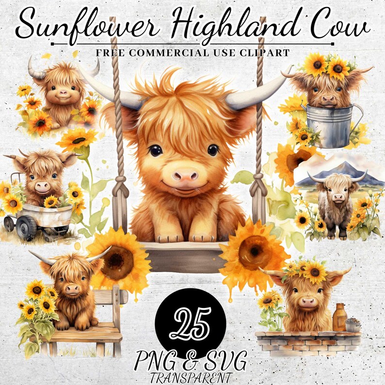 Watercolor Sunflower Baby Highland Cow Clipart, Wedding Clipart ...