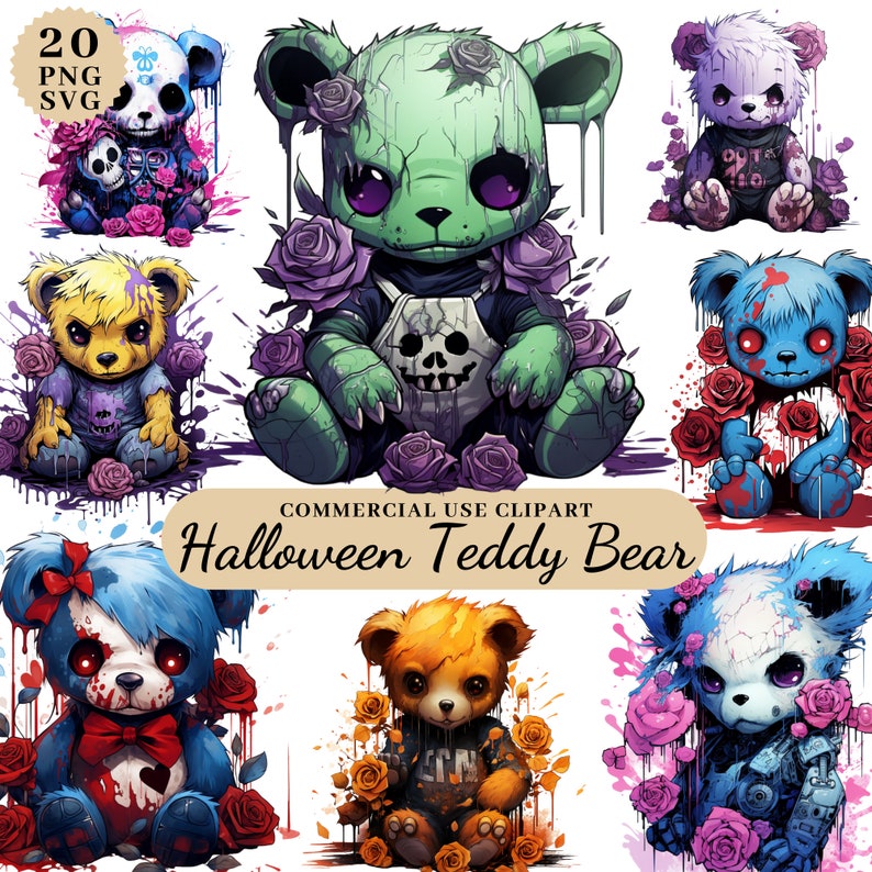 Scary Teddy Bear Halloween Clipart, Halloween Bear Decor, Digital Junk ...