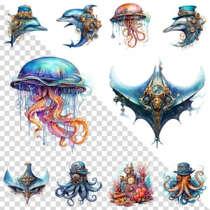 Watercolor Steampunk Ocean Animals Clipart Bundle, Steampunk Animal ...
