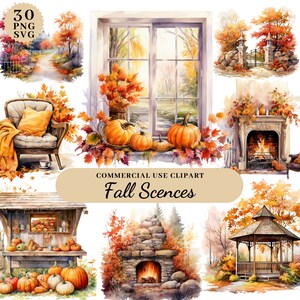 Watercolor Pumpkin Garden Clipart Bundle, Fall Scences Clipart, Autumn ...