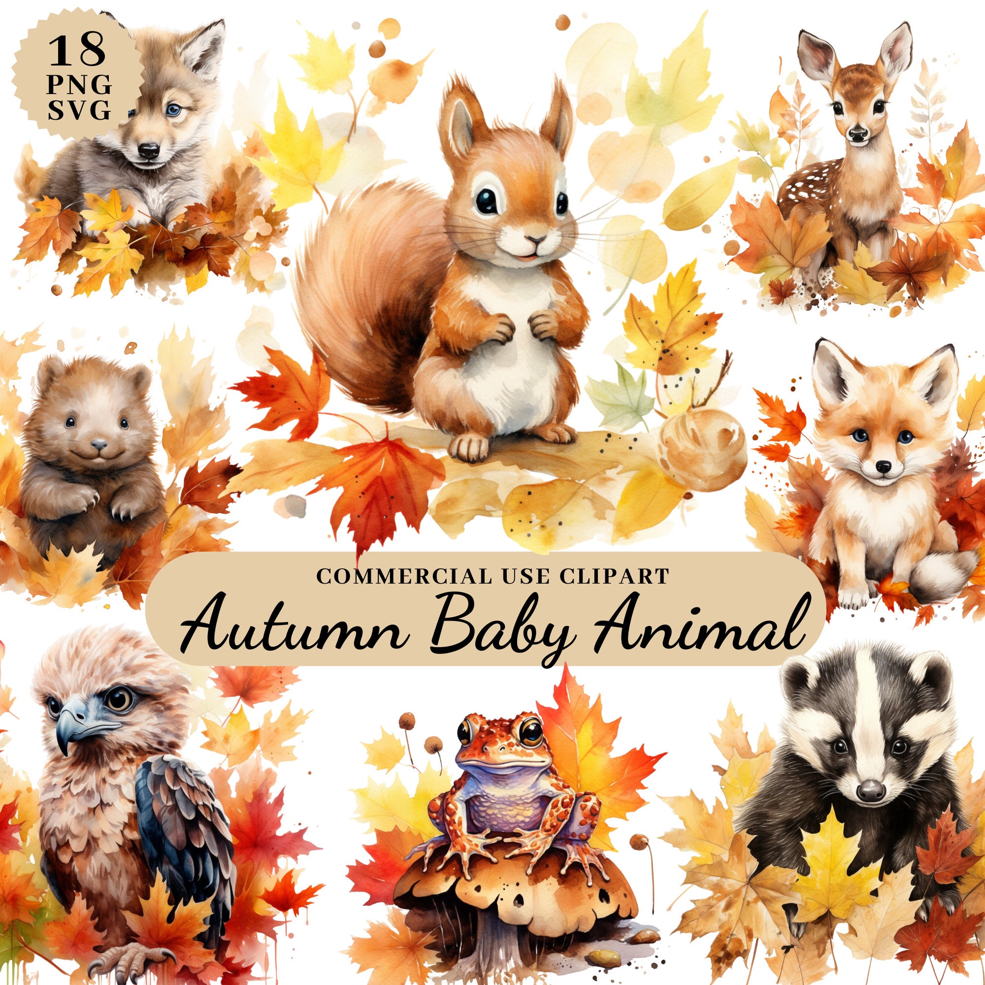 Watercolor Autumn Woodland Animal Clipart PNG SVG Fall Clipart Wall Art ...