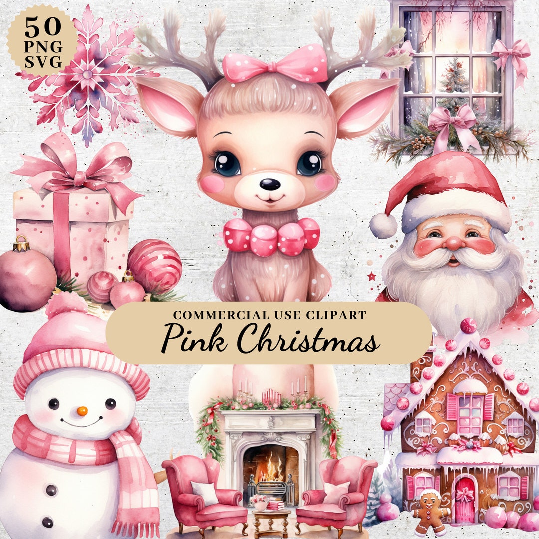 Watercolor Pink Christmas Clipart, Christmas Decorations Clipart ...