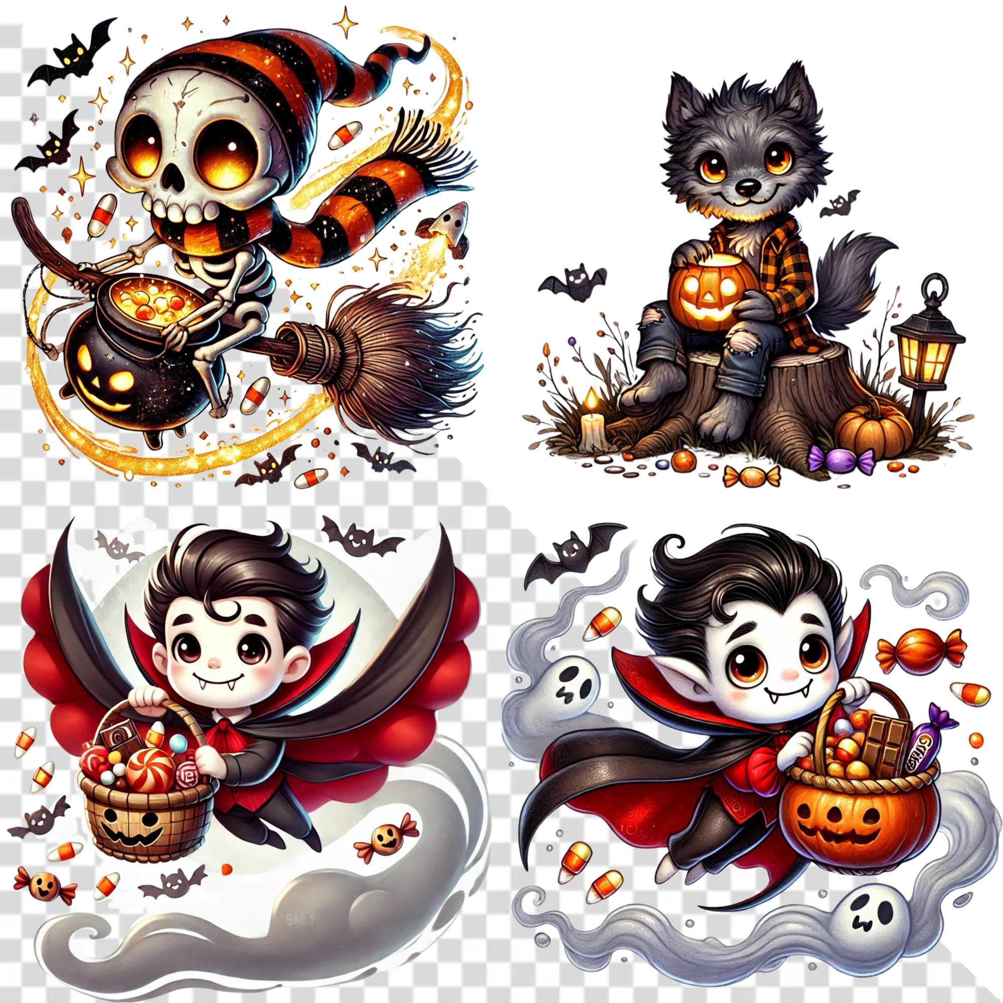 Cute Halloween Character Clipart, Witch, Vampire, Mummy & Skeleton ...