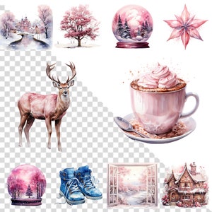 Watercolor Pink Winter Season Clipart Bundle, Winter Holidays Clip Art ...