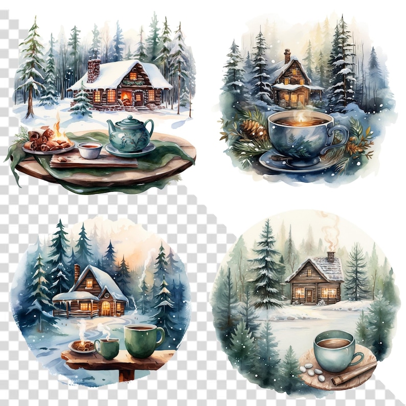 Watercolor Winter Landscape Clipart, Winter Holidays Clip Art, Xmas ...