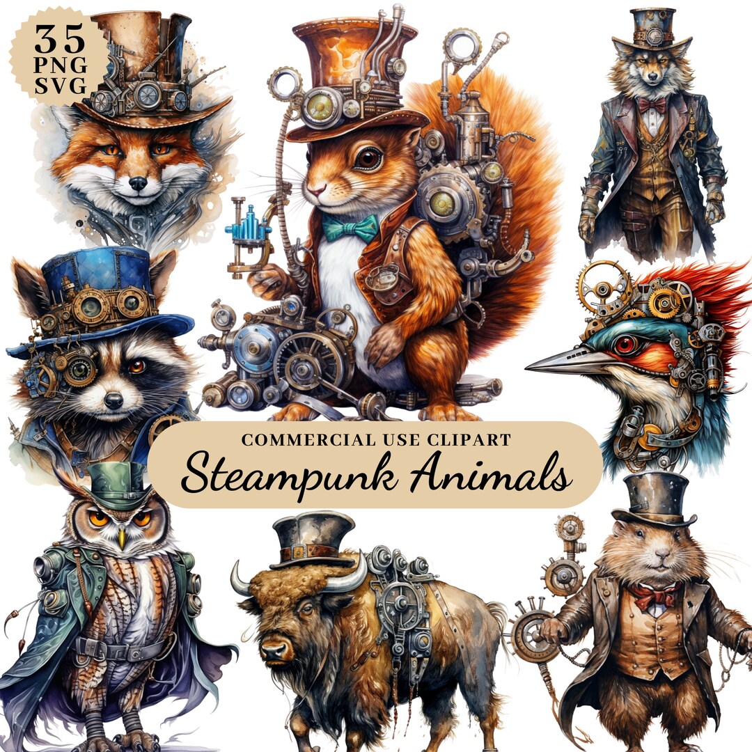 Watercolor Steampunk Forest Animals Clipart Bundle, Steampunk Animal ...