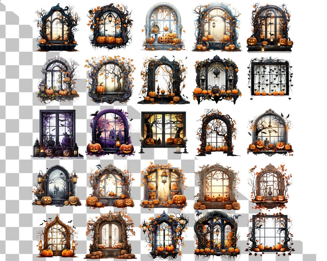 Watercolor Halloween Window Pumpkin Clipart Bundle Scary - Etsy