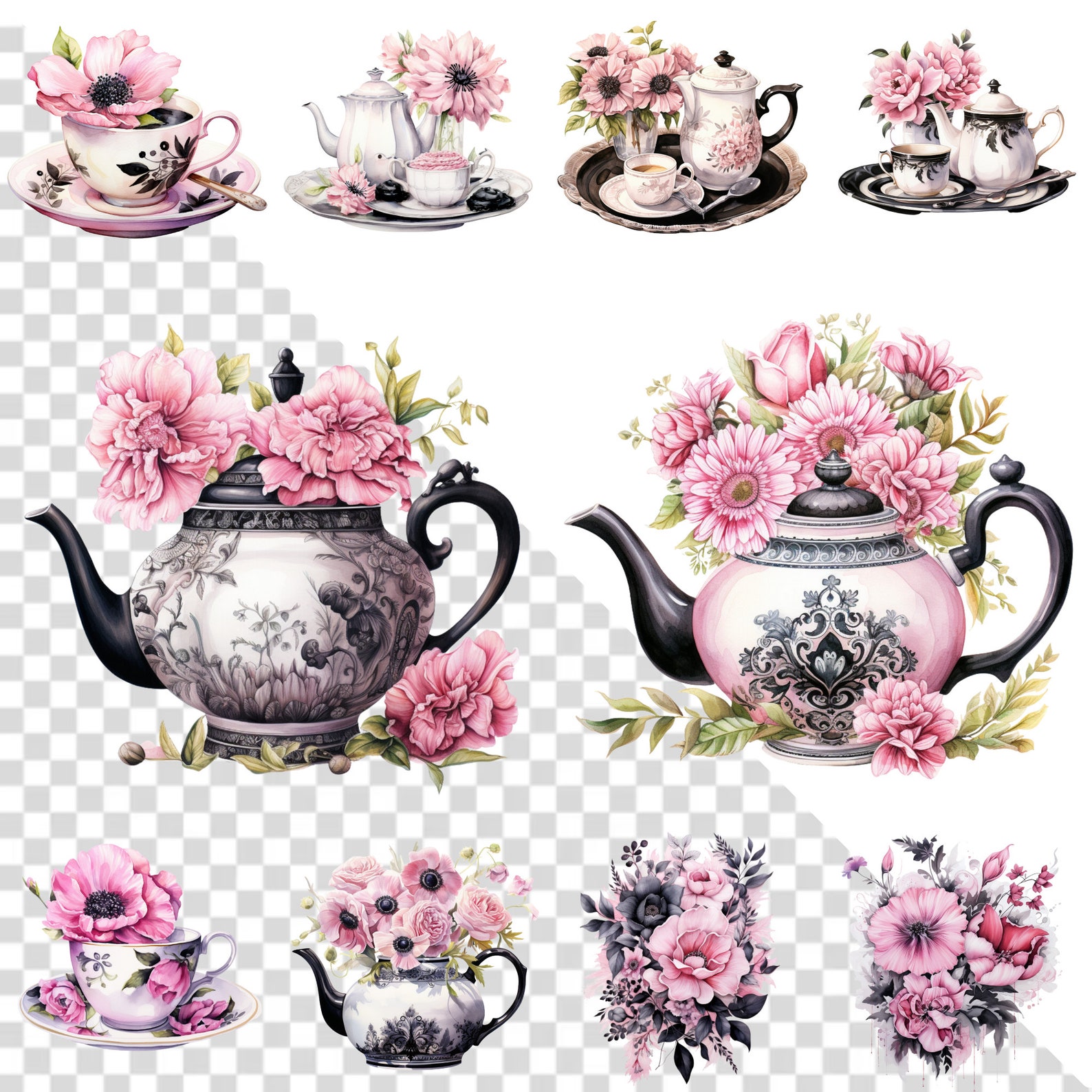 Watercolor Pink Tea Clipart, Coffee Cups Clipart, Pink and Black Flower ...