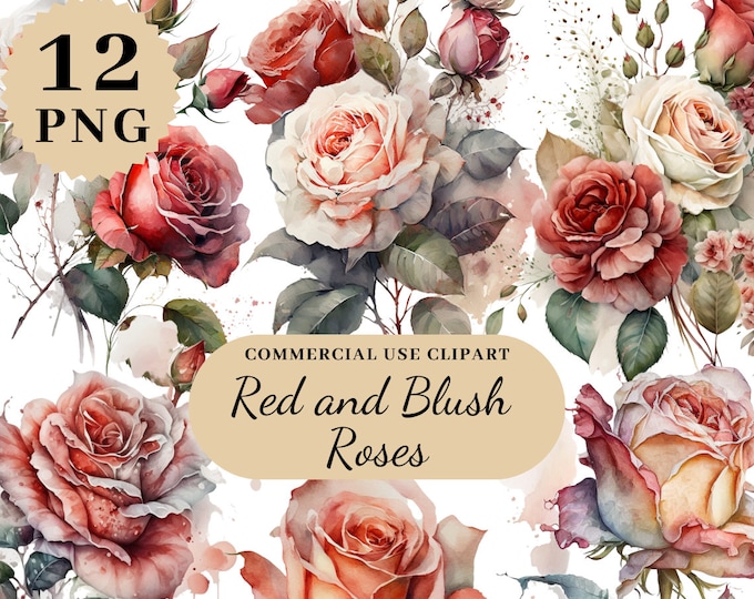 Watercolor Red and Blush Flowers Clipart, Red Floral Clipart, Red ...