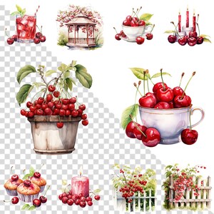 Watercolor Cherry Garden Clipart, Digital Cherries Illustrations, Fresh ...