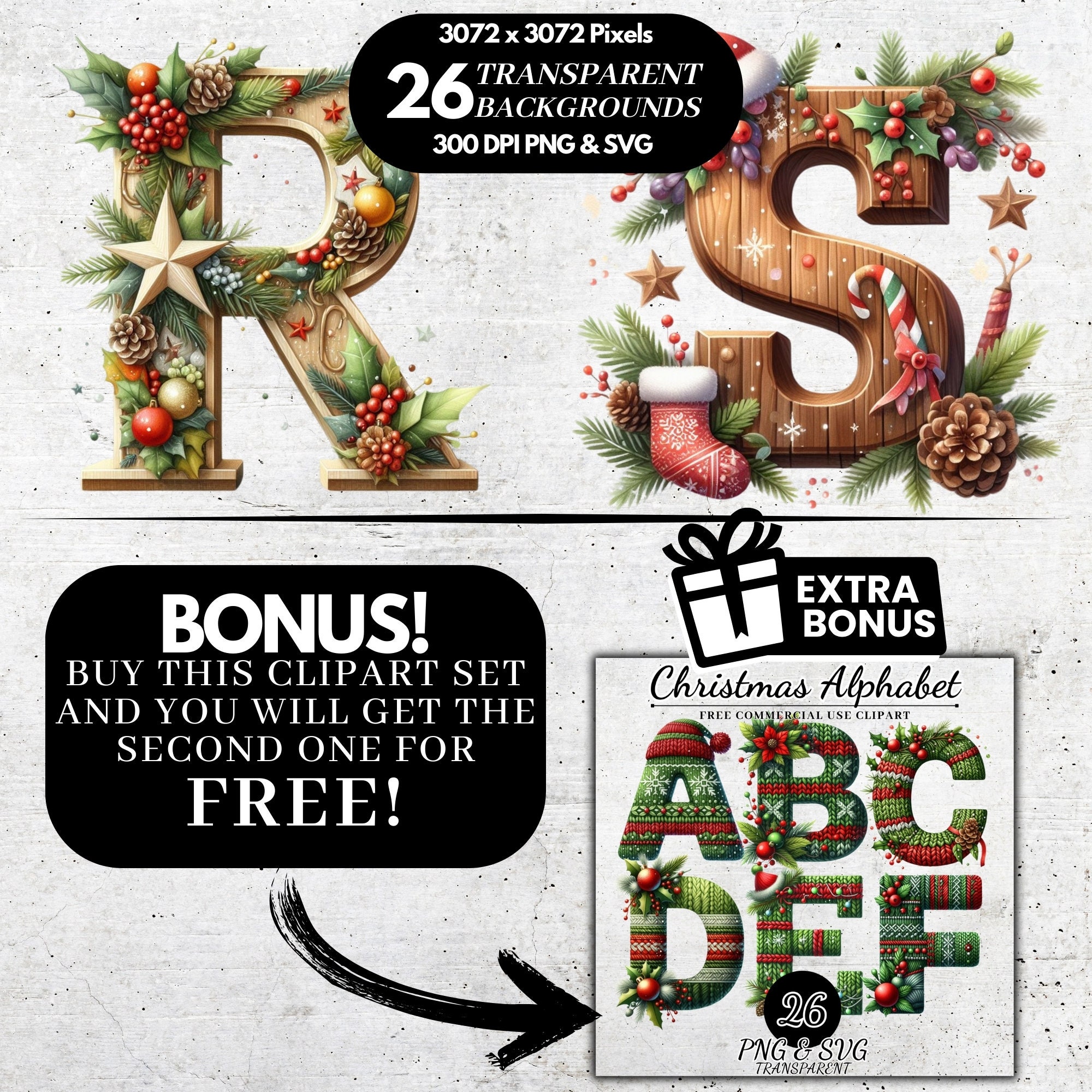 Christmas Wooden Alphabet Clipart, Retro Christmas Sublimation Letters ...