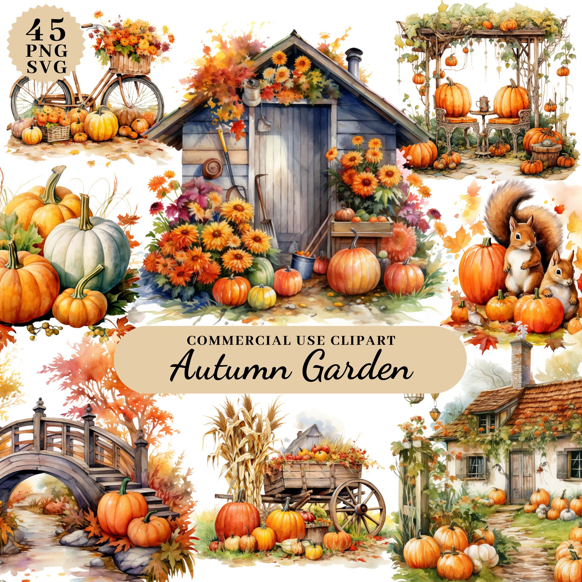 Watercolor Pumpkin Garden Clipart Bundle, Autumn Fall Farmhouse, Fall ...