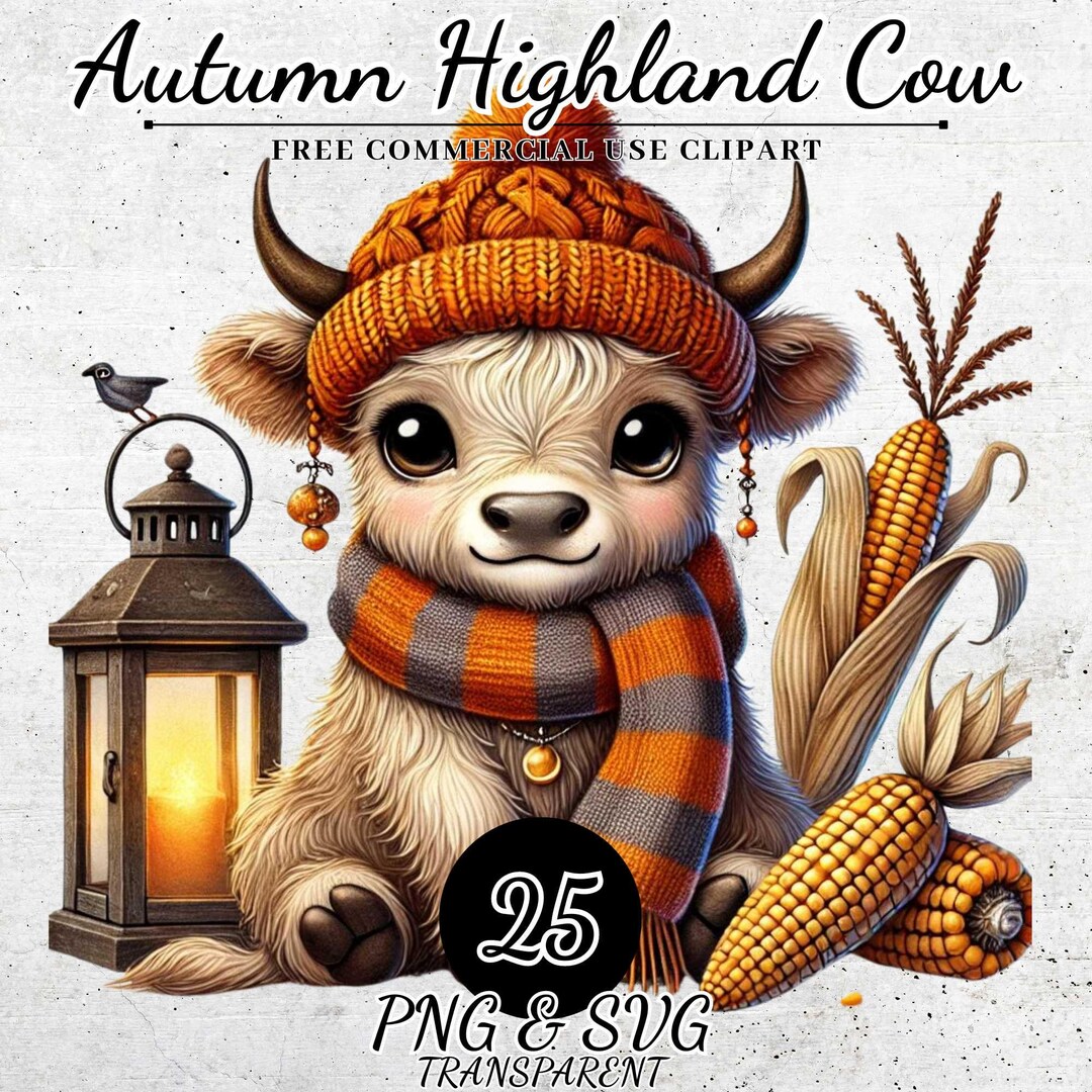 Watercolor Autumn Baby Highland Cow Clipart PNG SVG Fall Clipart Wall ...