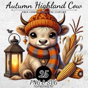 Watercolor Autumn Baby Highland Cow Clipart PNG SVG Fall Clipart Wall ...