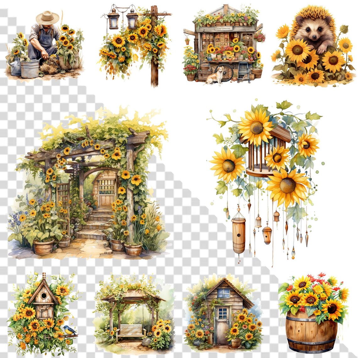 Watercolor Sunflower Garden Clipart, Botanical Sunflower Clipart ...
