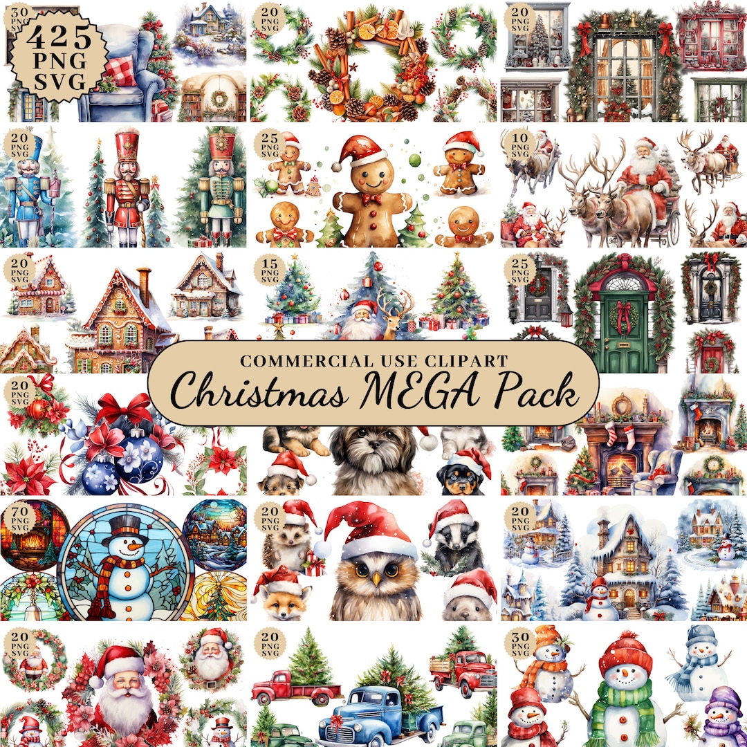 Watercolor Christmas Mega Bundle Clipart, Winter Clipart Bundle, Xmas ...