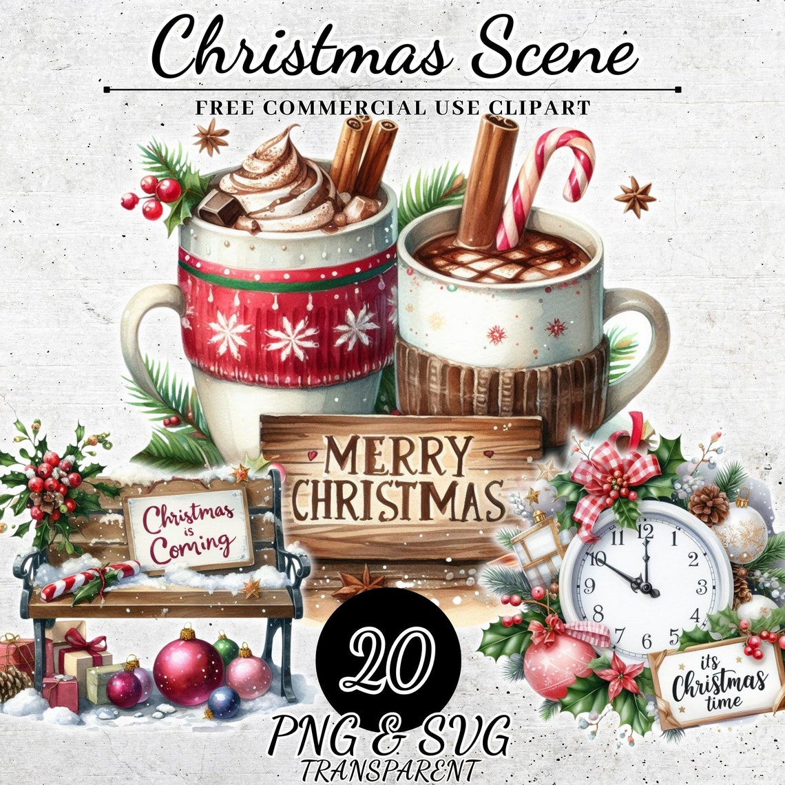 Watercolor Christmas Scene Clipart, Christmas Decorations Clipart ...