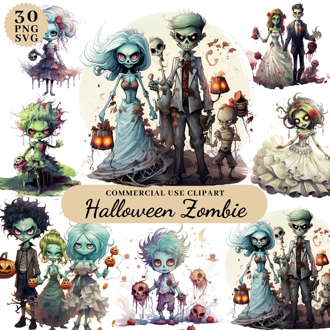 Watercolor Halloween Zombie Clipart Bundle, Scary SVG Halloween Clipart ...