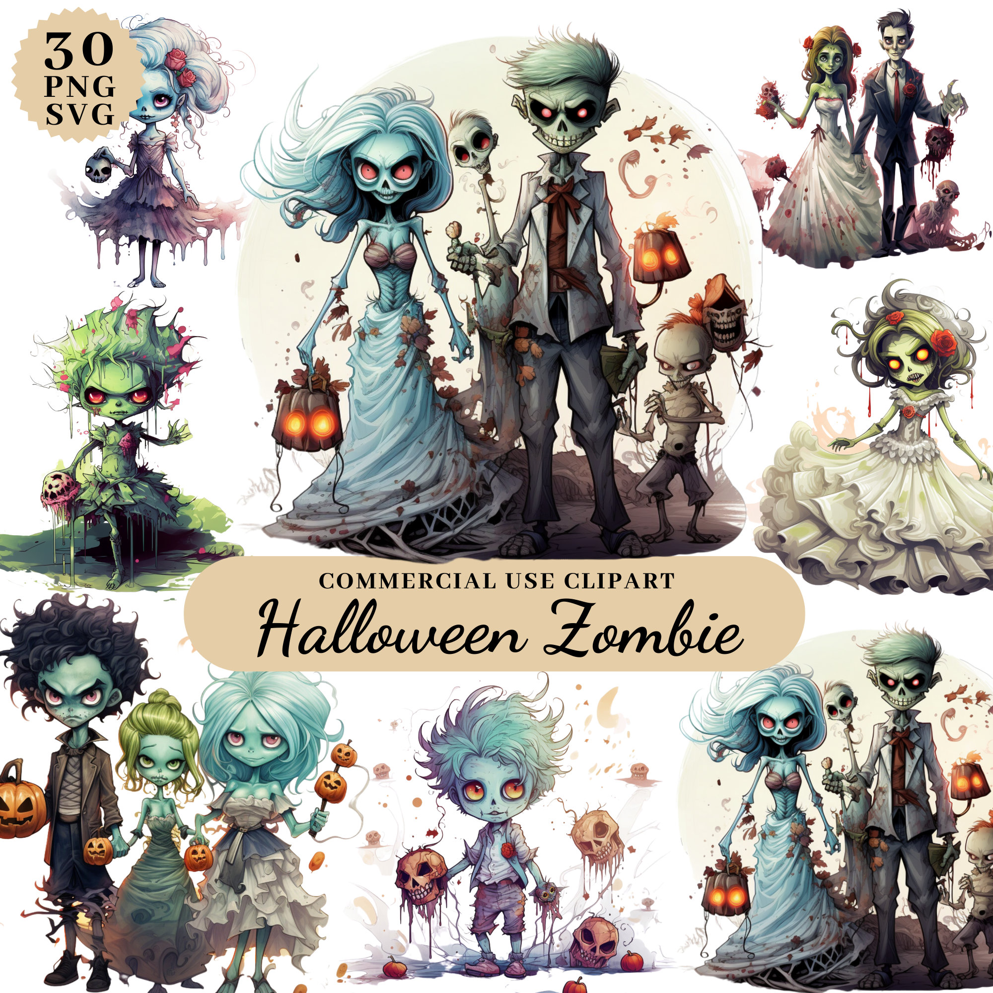 Watercolor Halloween Zombie Clipart Bundle Scary SVG - Etsy