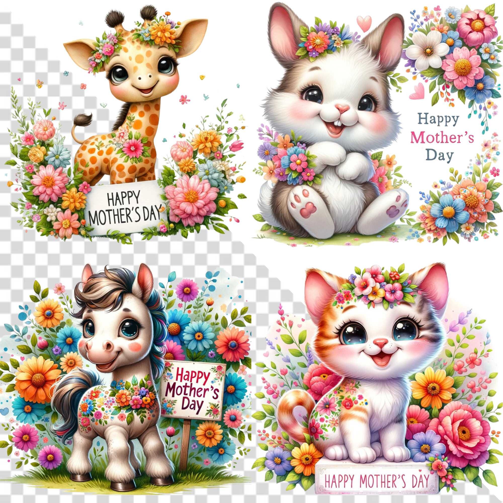 Mother's Day Animals Clipart, Floral Mother’s Day PNG, Safari Baby ...