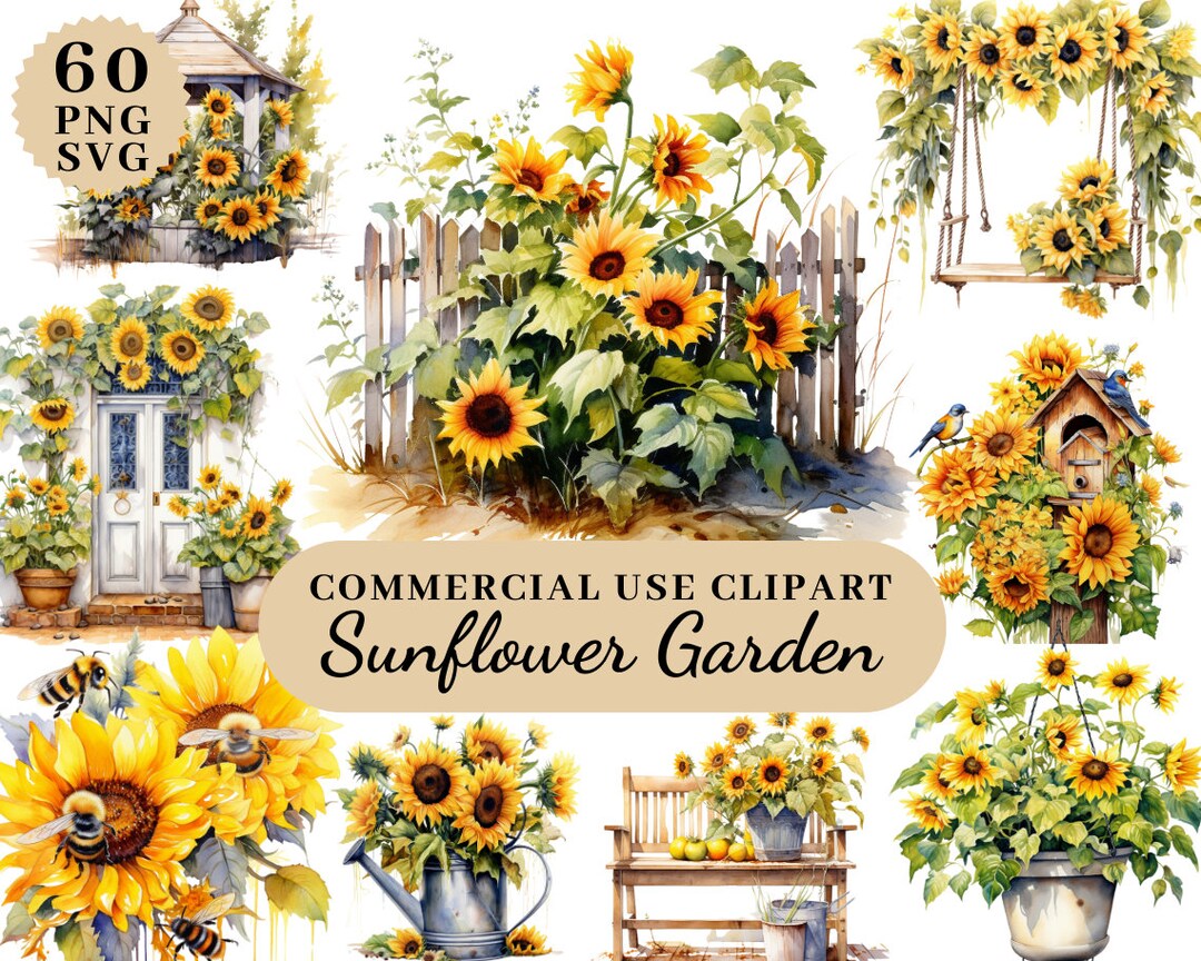 Watercolor Sunflower Garden Clipart, Wedding Clipart, Botanical ...