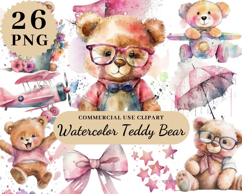 Watercolor Teddy Bear Clipart, for A Girl, Baby Shower for A Girl ...