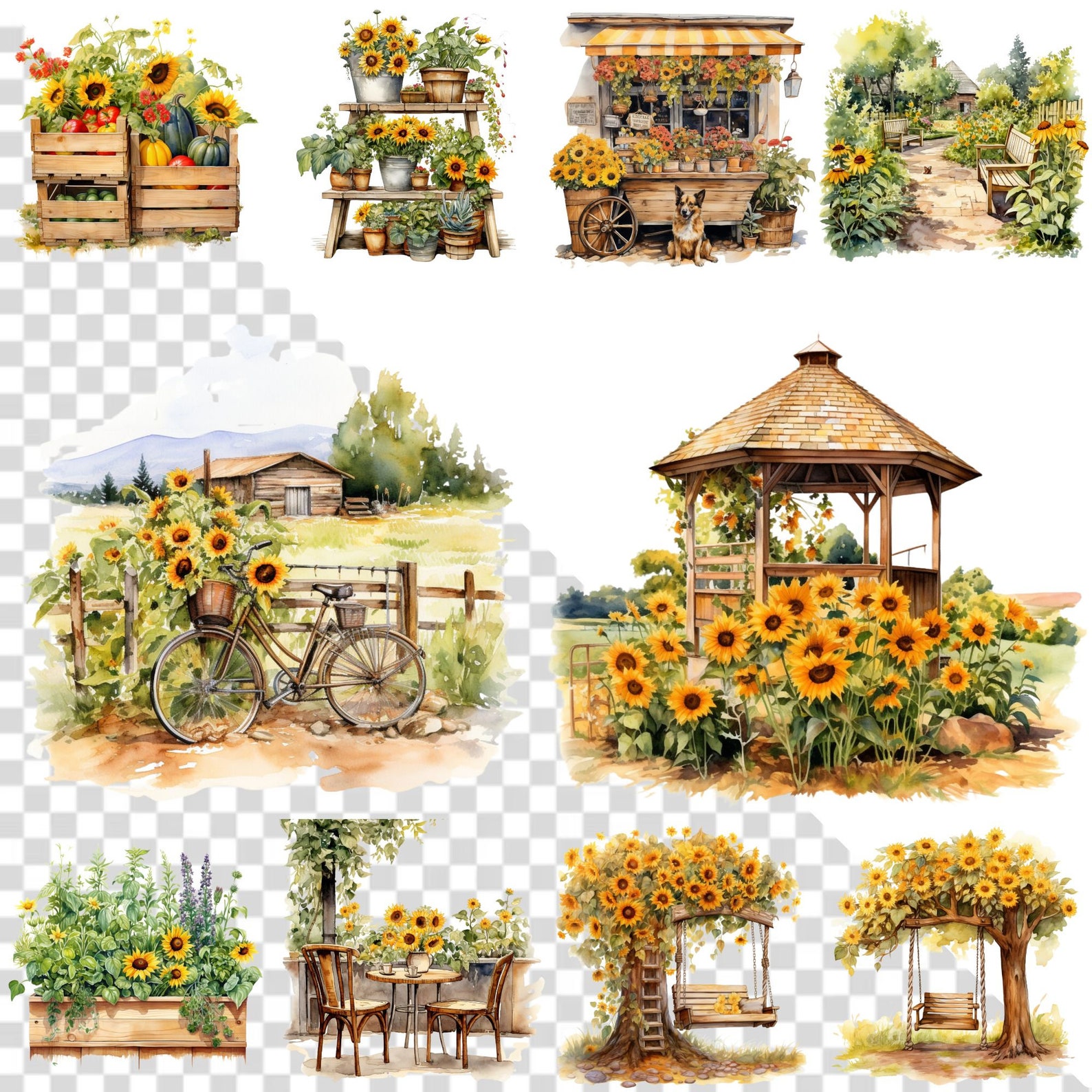 Watercolor Sunflower Garden Clipart, Botanical Sunflower Clipart ...