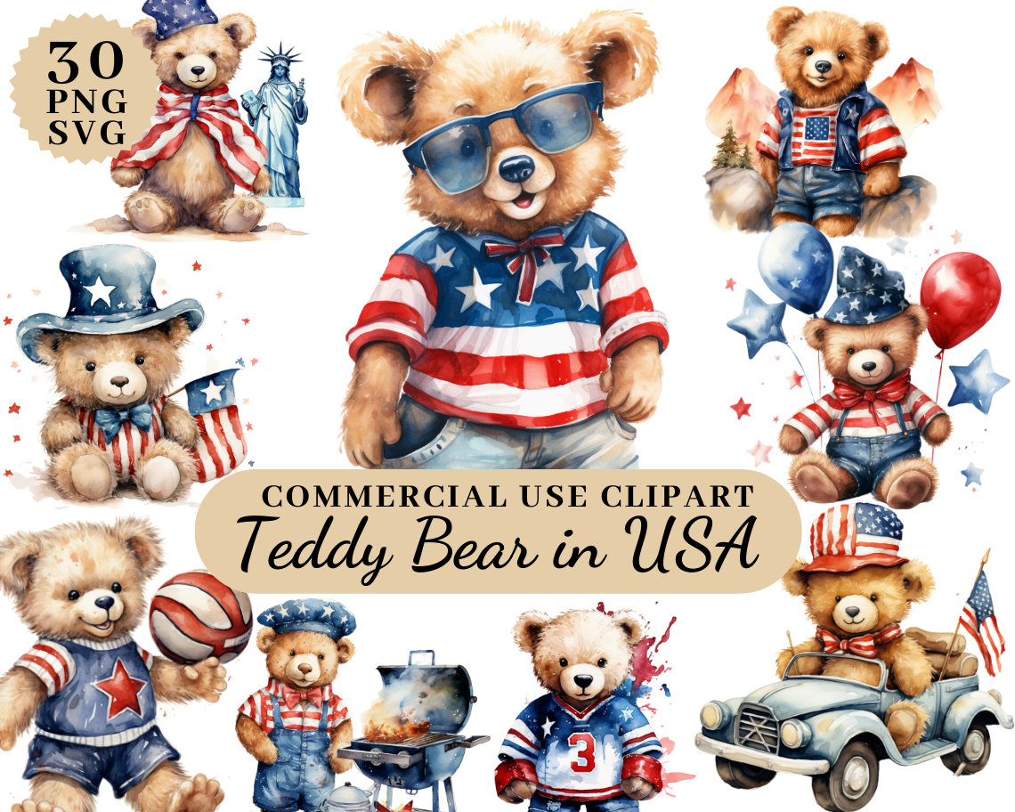 Watercolor Patriotic Teddy Bear in USA Clipart, American Independence ...