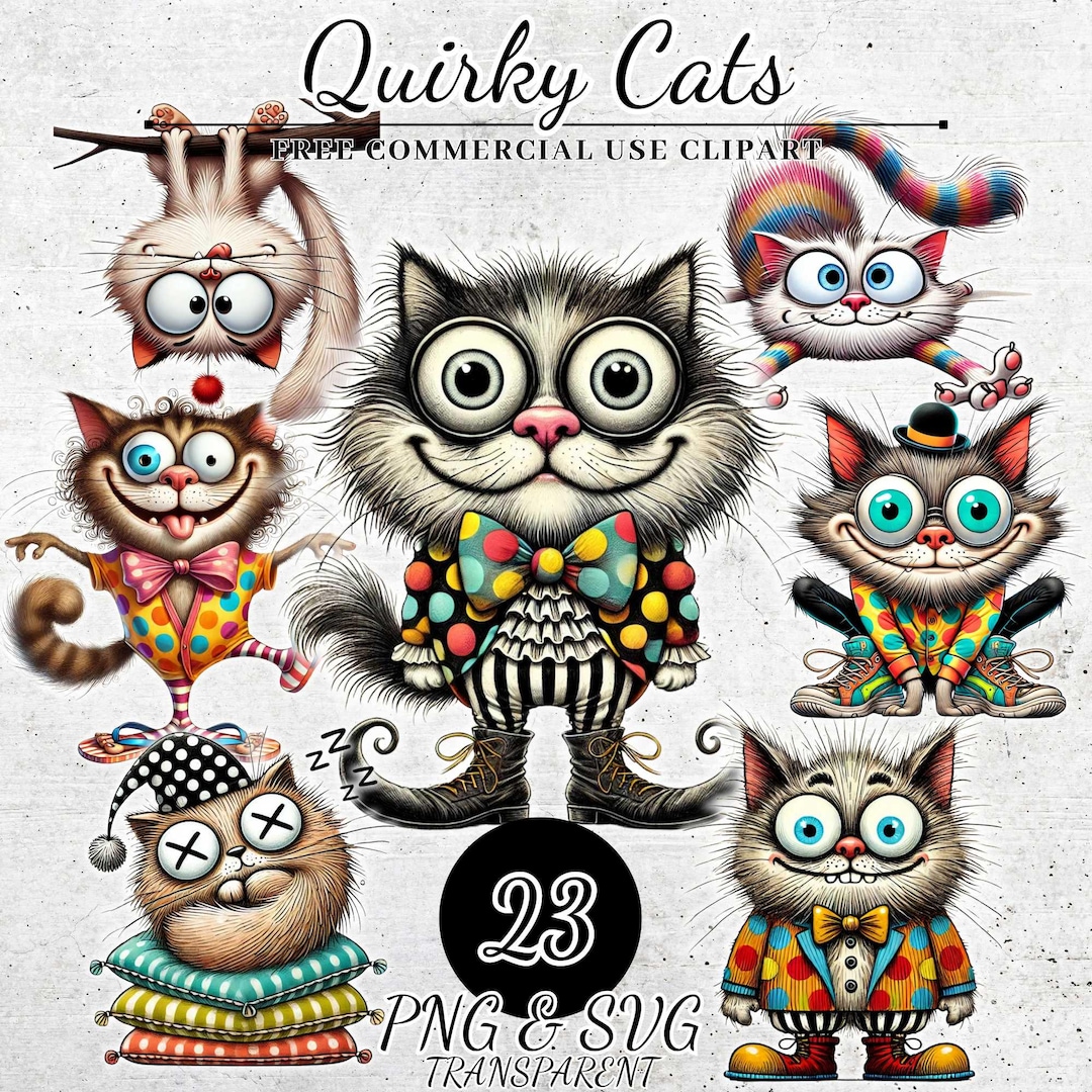 Quirky Cat Clipart Bundle, Funny Cat Illustrations, Cartoon Cat PNG ...