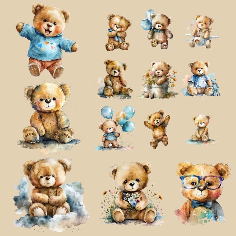 Watercolor Blue Teddy Bear Clip Art Pack Baby Shower - Etsy
