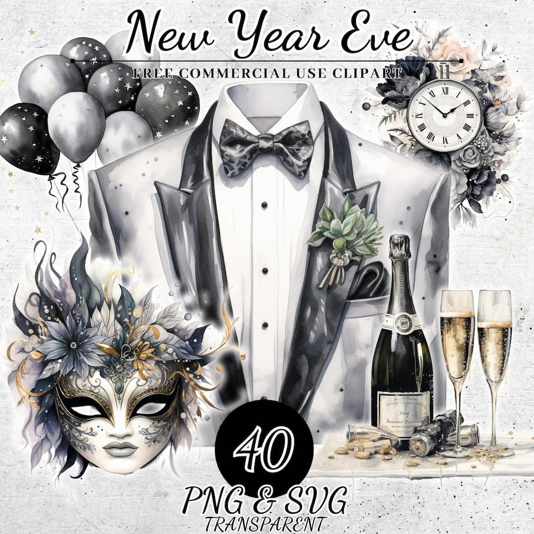 Watercolor Happy New Year Clipart, Silver New Years Decorations PNG SVG ...