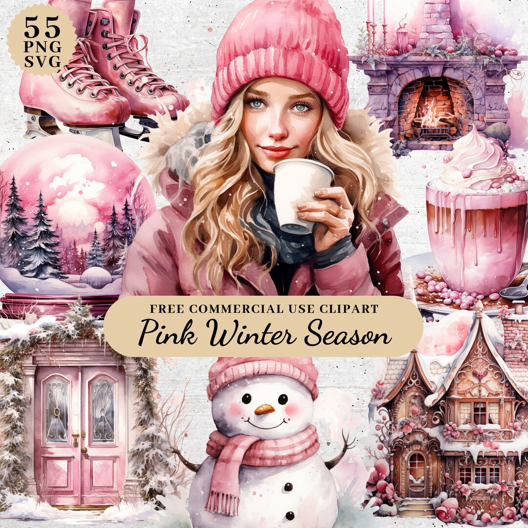 Watercolor Pink Winter Season Clipart Bundle, Winter Holidays Clip Art ...