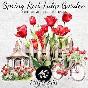 Watercolor Red Tulip Garden Clipart, Spring Decorations Clipart ...