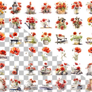 70 Poppy Garden Clipart Bundl Watercolor Flower Bundle, Poppy Wreath ...