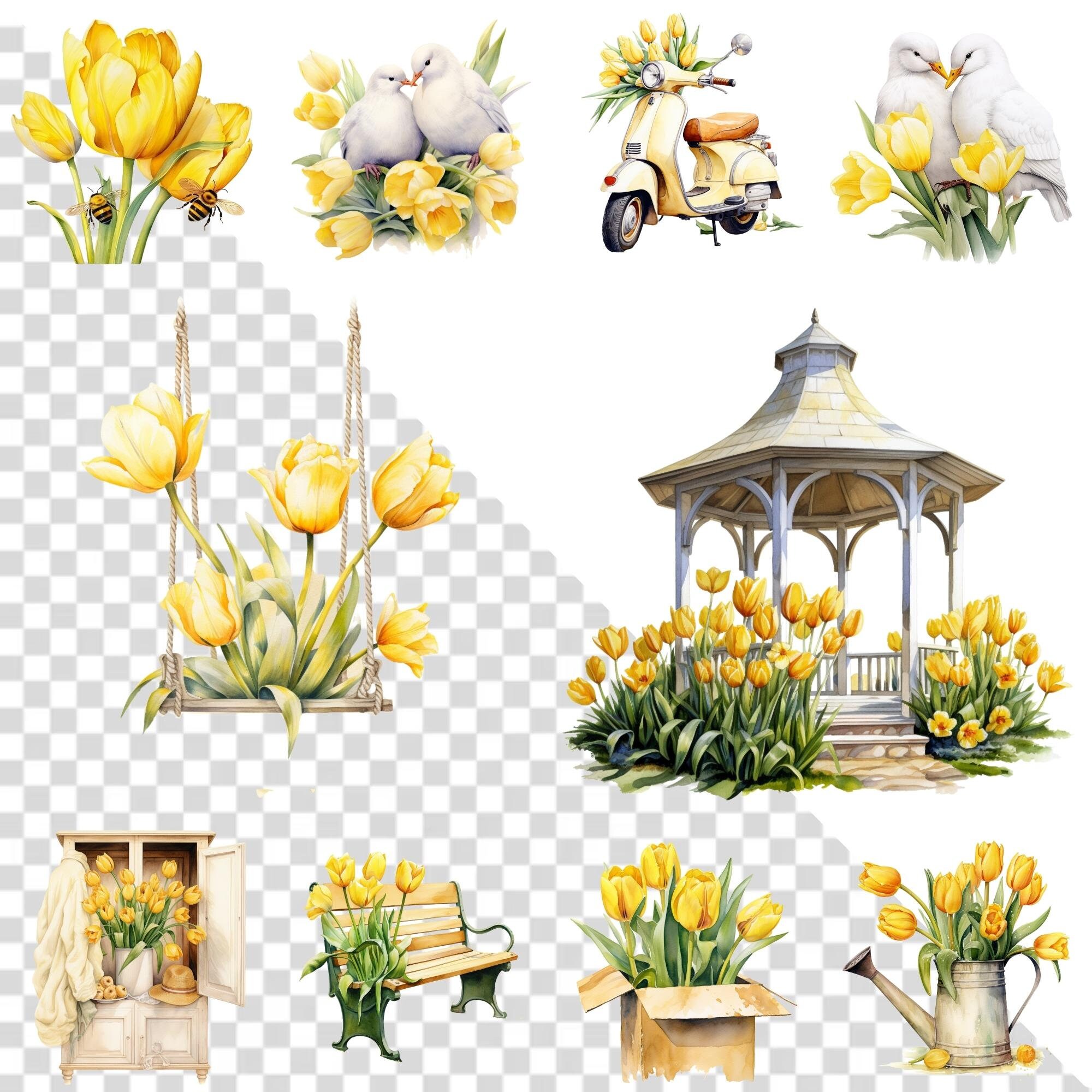 Watercolor Yellow Tulip Garden Clipart, Spring Decorations Clipart ...