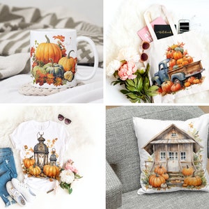 Watercolor Pumpkin Garden Clipart Bundle, Fall Scences Clipart, Autumn ...