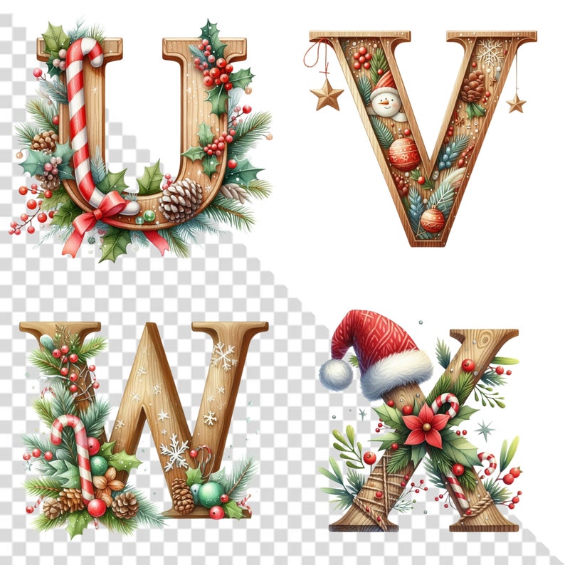Christmas Wooden Alphabet Clipart, Retro Christmas Sublimation Letters ...