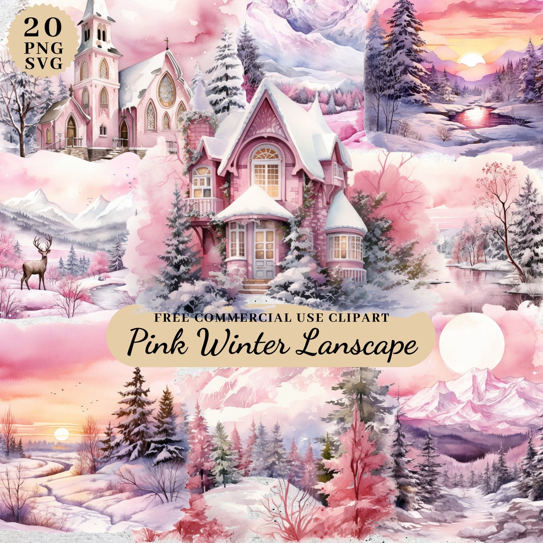 Watercolor Pink Winter Landscape Clipart, Winter Holidays Clip Art ...