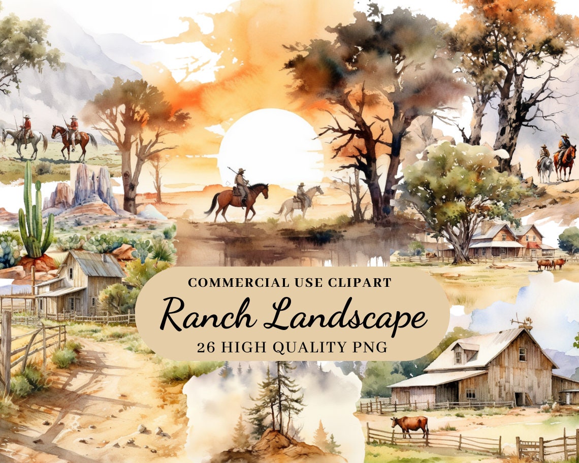 26 PNG Watercolor Ranch Landscapes Clipart Western Landscape - Etsy
