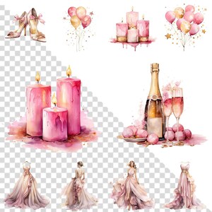 Watercolor Happy New Year Clipart, Pink New Years Decorations PNG SVG ...