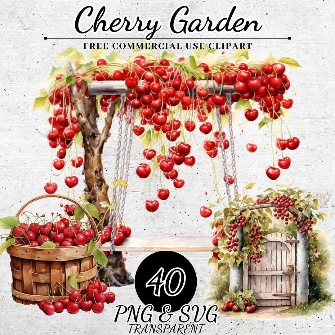 Watercolor Cherry Garden Clipart, Digital Cherries Illustrations, Fresh ...
