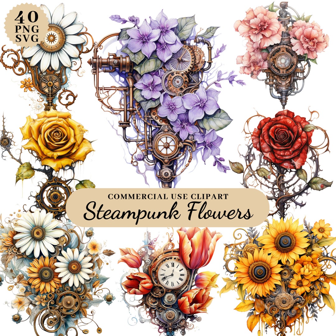 Watercolor Steampunk Flower Bouquet Clipart Bundle, Steampunk Fantasy ...