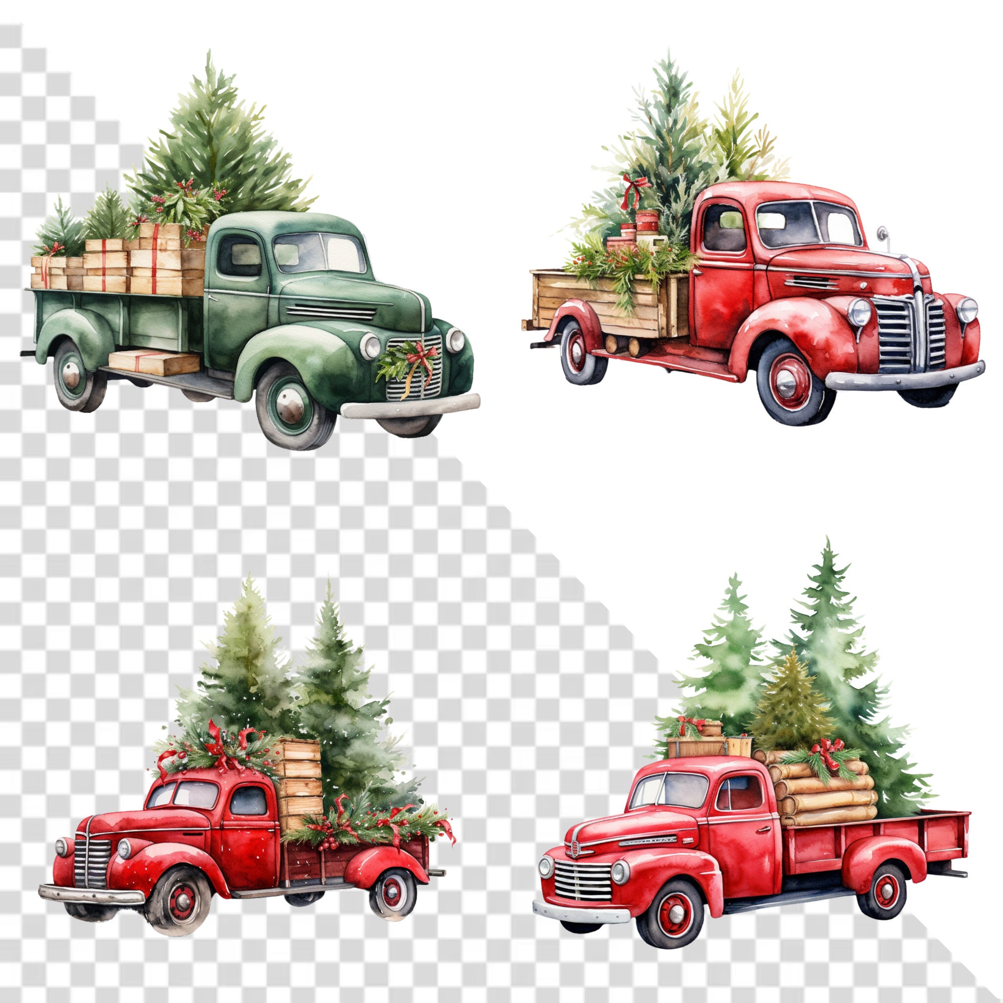 Watercolor Christmas Retro Truck Clipart, Christmas Decorations Clipart ...
