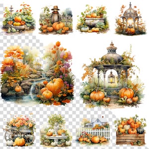Watercolor Pumpkin Garden Clipart Bundle, Autumn Fall Farmhouse, Fall ...