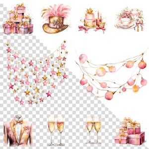 Watercolor Happy New Year Clipart, Pink New Years Decorations PNG SVG ...
