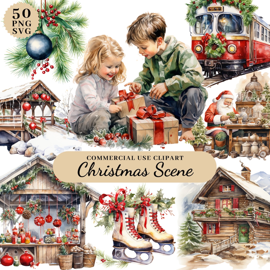 Watercolor Christmas Garden Clipart, Christmas Decorations Clipart ...