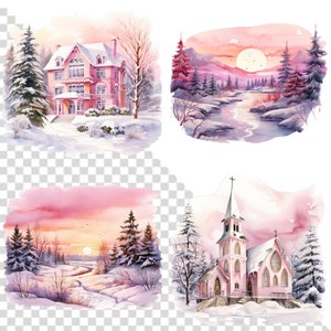 Watercolor Pink Winter Landscape Clipart, Winter Holidays Clip Art ...