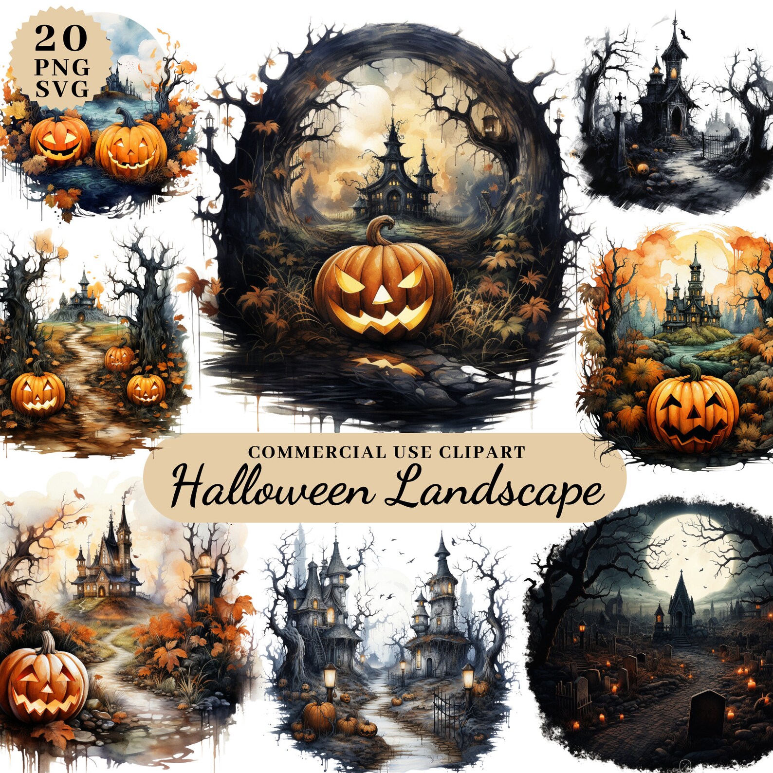Watercolor Halloween Landscape Clipart Bundle, Scary Halloween Clipart ...