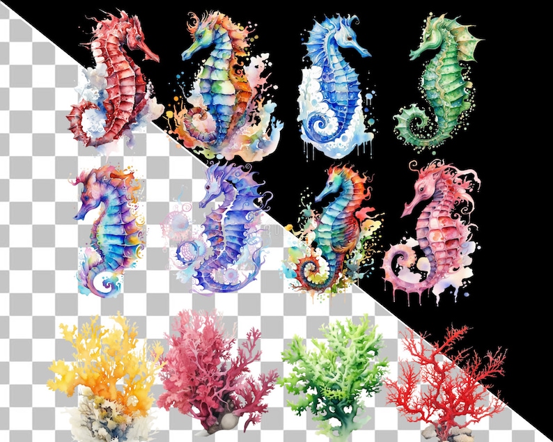 32 PNG Watercolor Seahorse Clipart, Nautical Ocean Animals, Designing ...